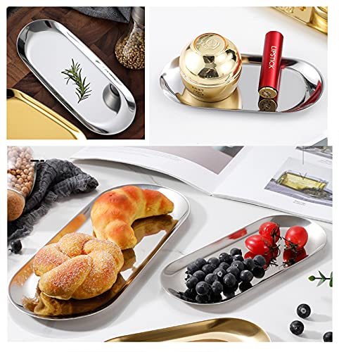 1 Pcs 9 Inch x 3.8 Inch Trinket Tray, Silver Stainless Steel, for Serving Trays Towel Storage Dish Plate Tea Fruit Trays Cosmetics Jewelry Plate Decorative Storage Tray