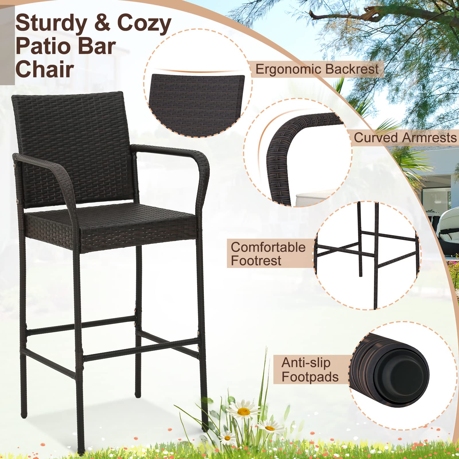 Tangkula Patio Wicker Barstools Set of 2, Outdoor PE Rattan Bar Chairs with Armrests & Soft Cushions, Stable Metal Frame, 400 lbs Max Load, Mix Brown PE Wicker Bar Chairs for Porch, Backyard