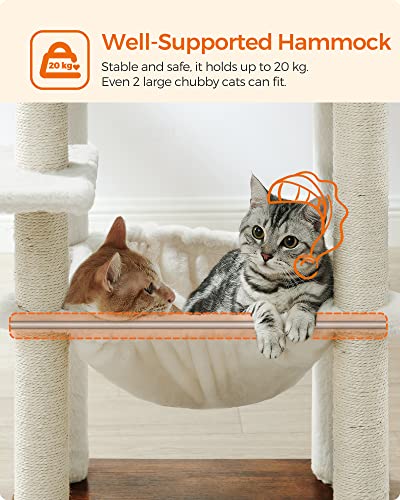 Feandrea WoodyWonders Cat Tree, Modern Cat Tower for Indoor Cats, 54.3-Inch Multi-Level Cat Condo, Ultra-Soft Plush, Scratching Posts, Hammock, Removable, Washable Cushions, Rustic Brown UPCT164X01