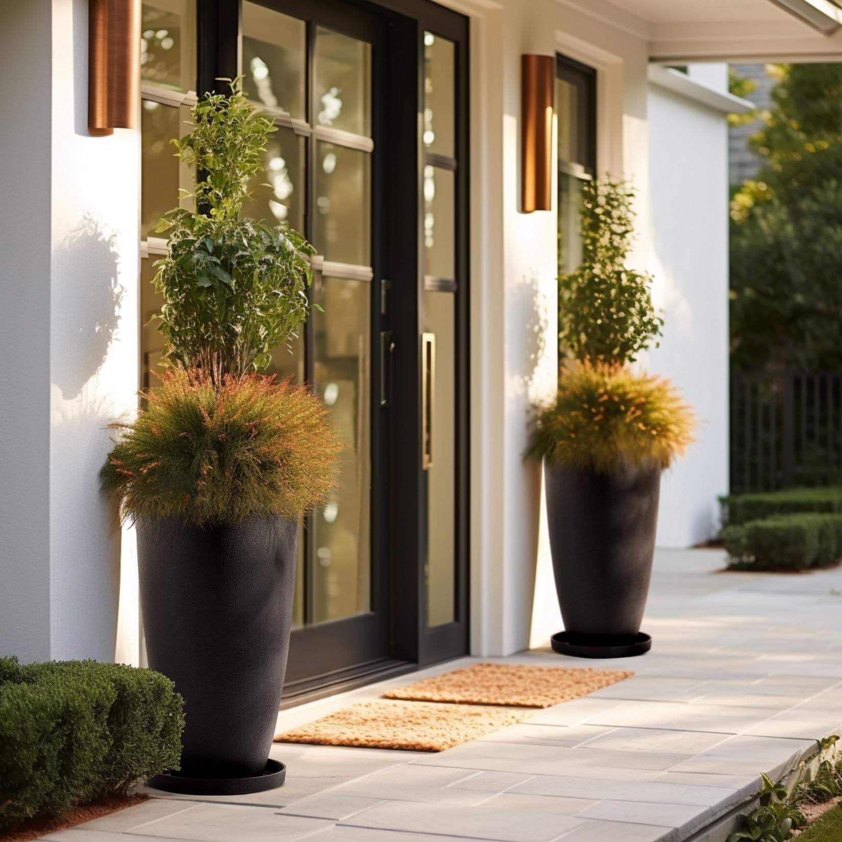 LA JOLIE MUSE 20inch Tall Planters Set of 2,Black Indoor/Outdoor Planters with Trays,Tree Plant Pots for Front Door,Patio and Deck