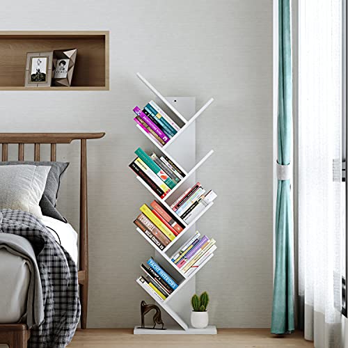 Yusong Tree Bookshelf, 9-Tier Floor Standing Bookcase for Living Room Bedroom, Utility Organizer Shelves for Home Office, White