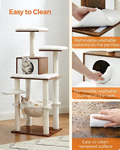 Feandrea WoodyWonders Cat Tree, Modern Cat Tower for Indoor Cats, 54.3-Inch Multi-Level Cat Condo, Ultra-Soft Plush, Scratching Posts, Hammock, Removable, Washable Cushions, Rustic Brown UPCT164X01
