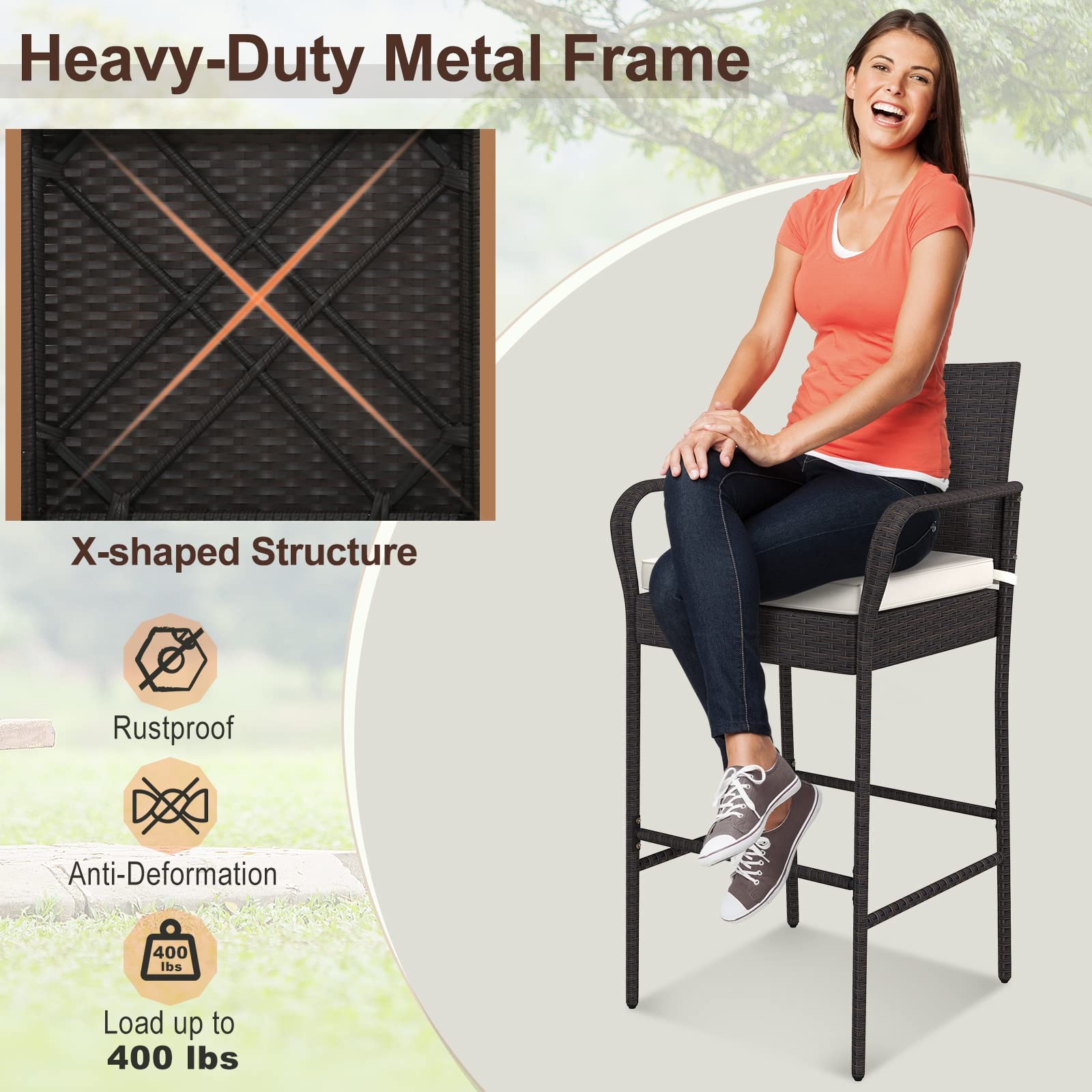 Tangkula Patio Wicker Barstools Set of 2, Outdoor PE Rattan Bar Chairs with Armrests & Soft Cushions, Stable Metal Frame, 400 lbs Max Load, Mix Brown PE Wicker Bar Chairs for Porch, Backyard