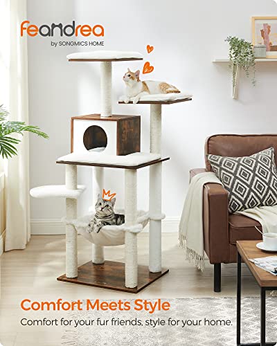 Feandrea WoodyWonders Cat Tree, Modern Cat Tower for Indoor Cats, 54.3-Inch Multi-Level Cat Condo, Ultra-Soft Plush, Scratching Posts, Hammock, Removable, Washable Cushions, Rustic Brown UPCT164X01