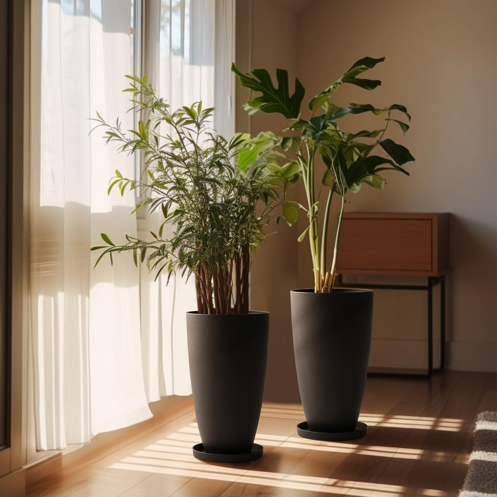 LA JOLIE MUSE 20inch Tall Planters Set of 2,Black Indoor/Outdoor Planters with Trays,Tree Plant Pots for Front Door,Patio and Deck