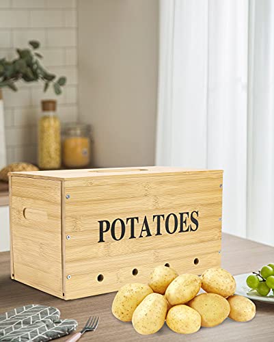 Xbopetda Potato Storage, Bamboo Storage Bin for Potato, Kitchen Storage Canister with Wooden Lid & Aerating Storage Holes - Kitchen Pantry Organizer Box Fruit Vegetable Fresh Keeper (Needed Assemble)