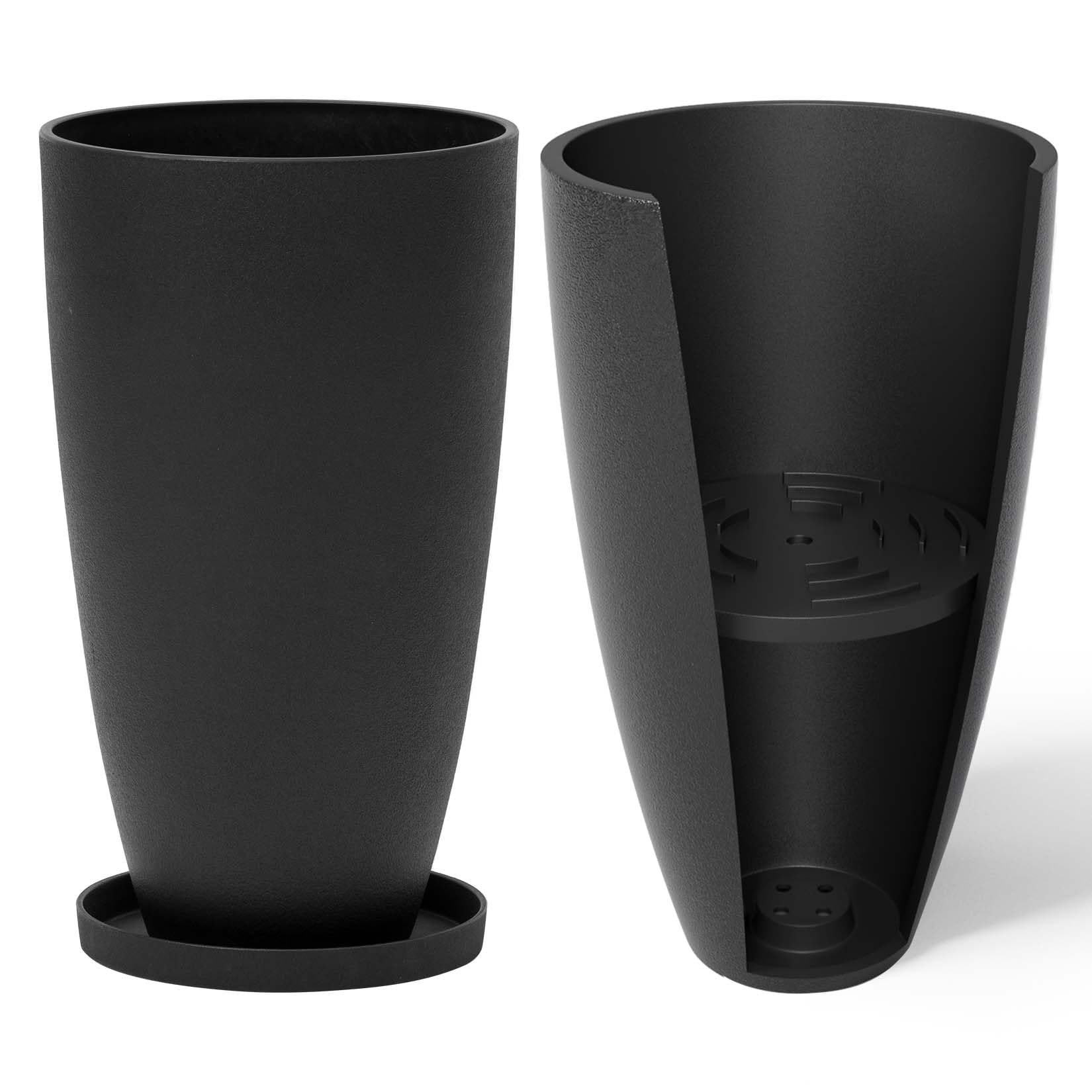 LA JOLIE MUSE 20inch Tall Planters Set of 2,Black Indoor/Outdoor Planters with Trays,Tree Plant Pots for Front Door,Patio and Deck