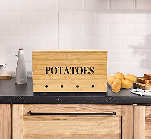 Xbopetda Potato Storage, Bamboo Storage Bin for Potato, Kitchen Storage Canister with Wooden Lid & Aerating Storage Holes - Kitchen Pantry Organizer Box Fruit Vegetable Fresh Keeper (Needed Assemble)