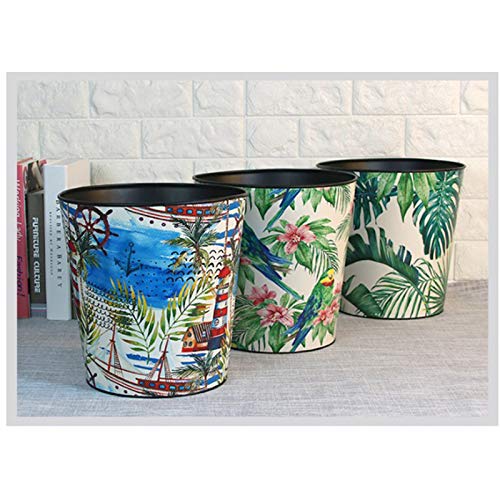 Wansan Iron and Leather Round Large Household Trash Can, Creative Can Without Lid,Suitable for Cans in Bathrooms, Kitchens, Home Offices, Bedrooms, Offices-10L Palm Tree Green Leaf 21*26cm