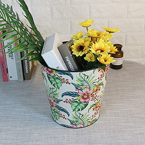 Wansan Iron and Leather Round Large Household Trash Can, Creative Can Without Lid,Suitable for Cans in Bathrooms, Kitchens, Home Offices, Bedrooms, Offices-10L Palm Tree Green Leaf 21*26cm