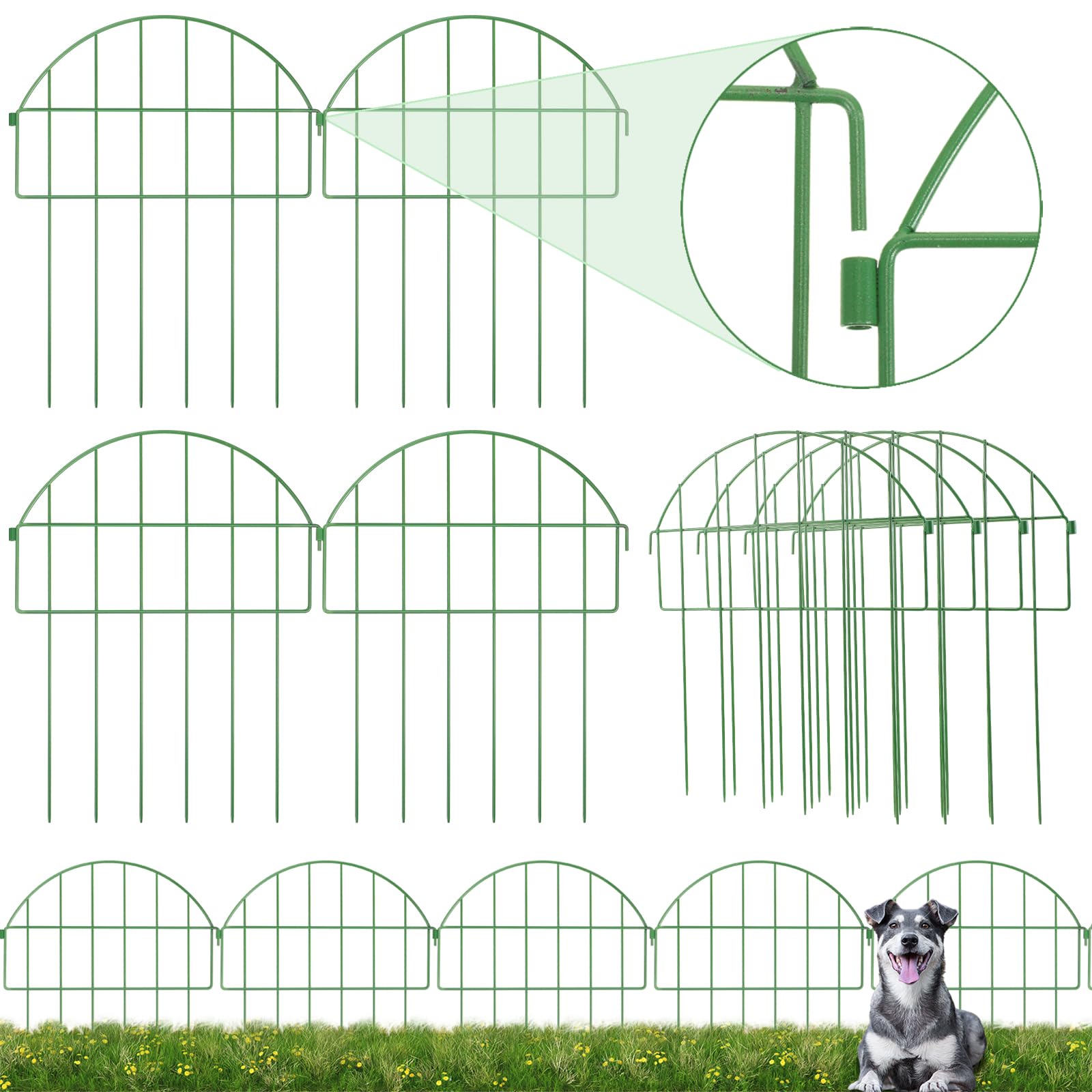 Dandat 10 Pack Decorative Garden Fence No Digging Fencing 17 x 13 Inch Animal Barrier Fence Rustproof Metal Wire Panel Border for Dog Rabbit Ground Stakes Defense and Outdoor Patio Yard, Arched, Green