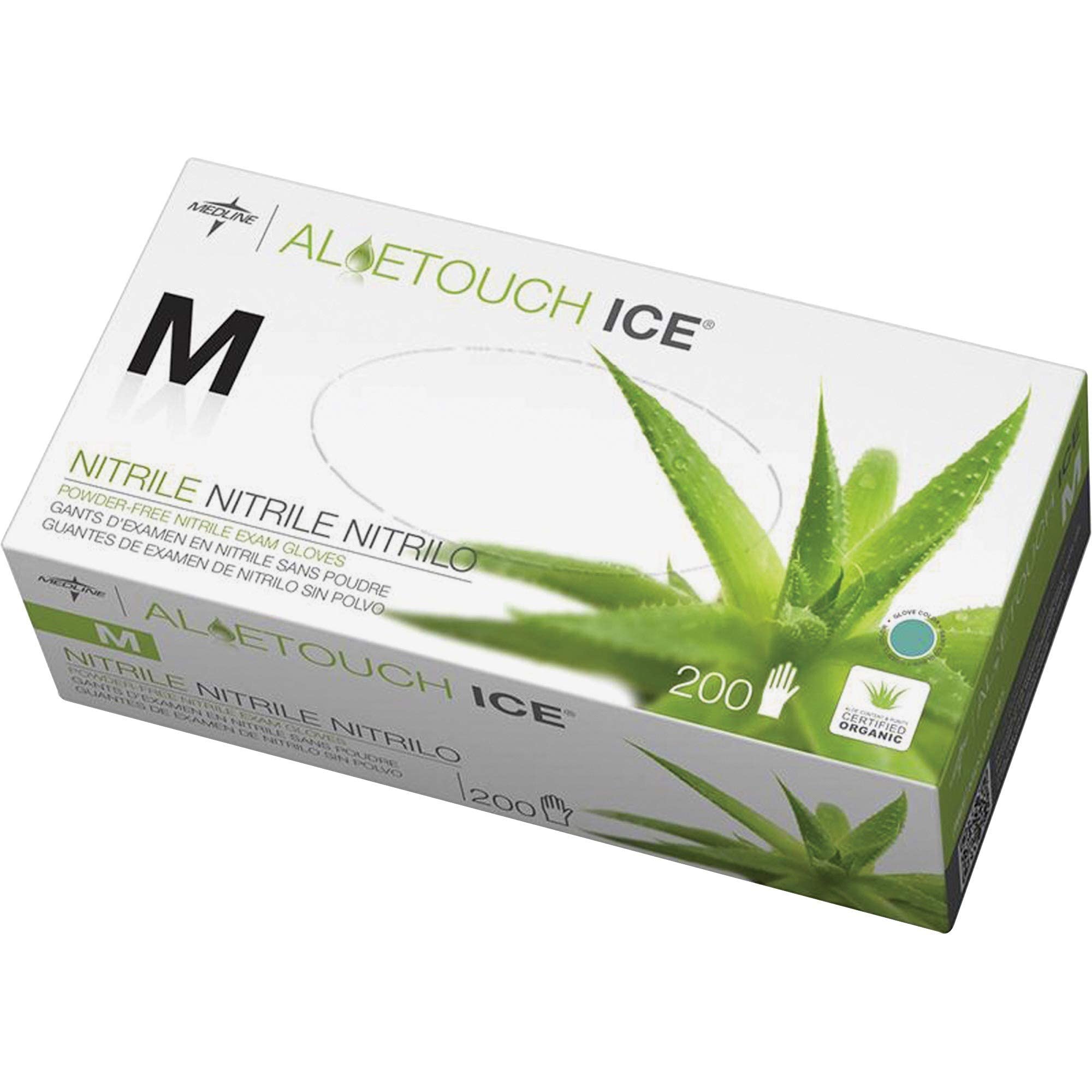 Medline Aloetouch Ice Powder-Free Latex-Free Nitrile Exam Gloves, Green, Medium, 200 Count