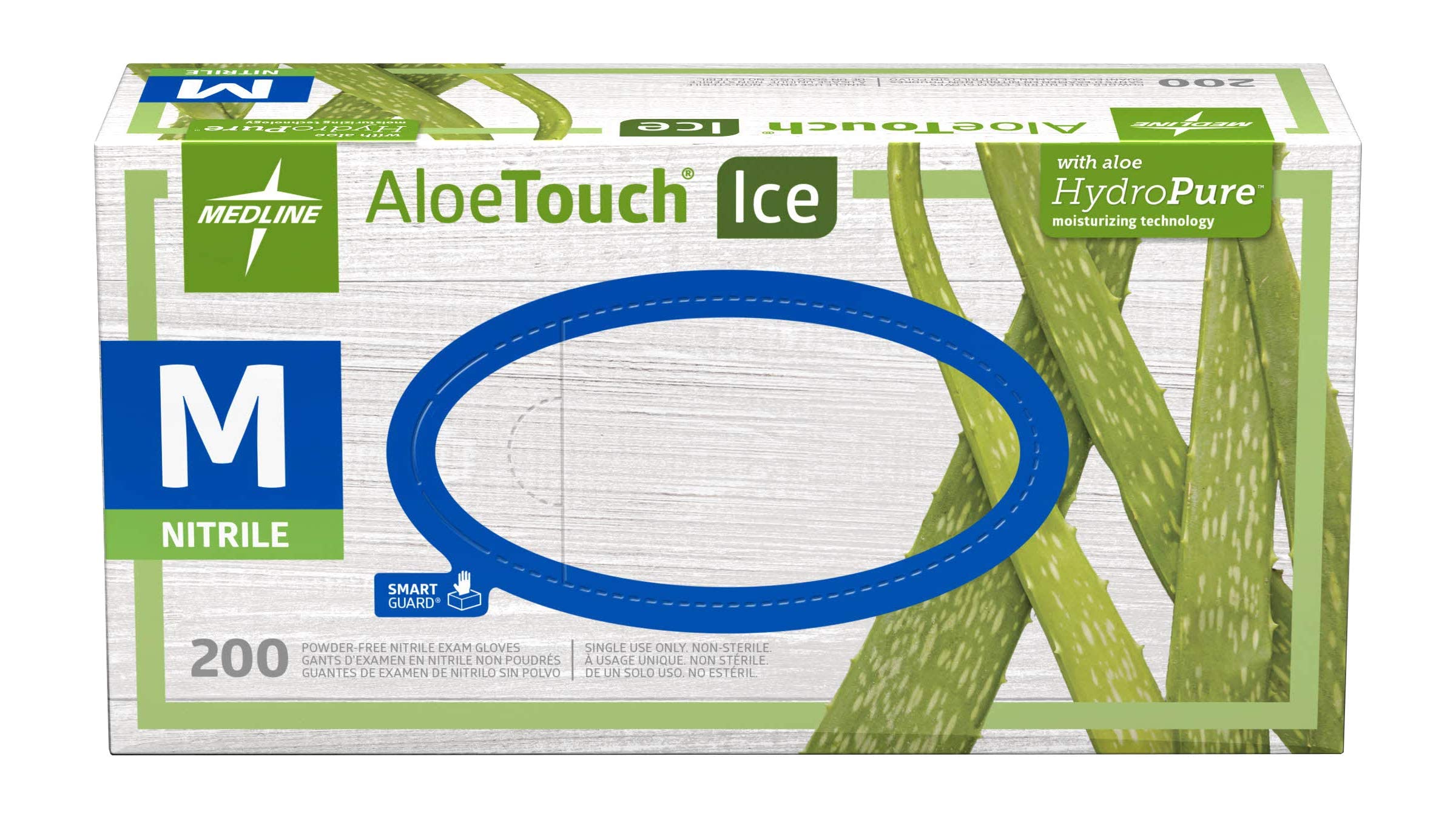 Medline Aloetouch Ice Powder-Free Latex-Free Nitrile Exam Gloves, Green, Medium, 200 Count
