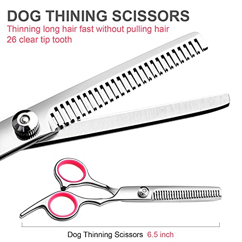 FAIGEO Dog Grooming Scissors Kit with Safety Round Tips Stainless Steel Professional Dog Grooming Shears Set - Thinning, Curved Scissors and Comb for Dog Cat Pet