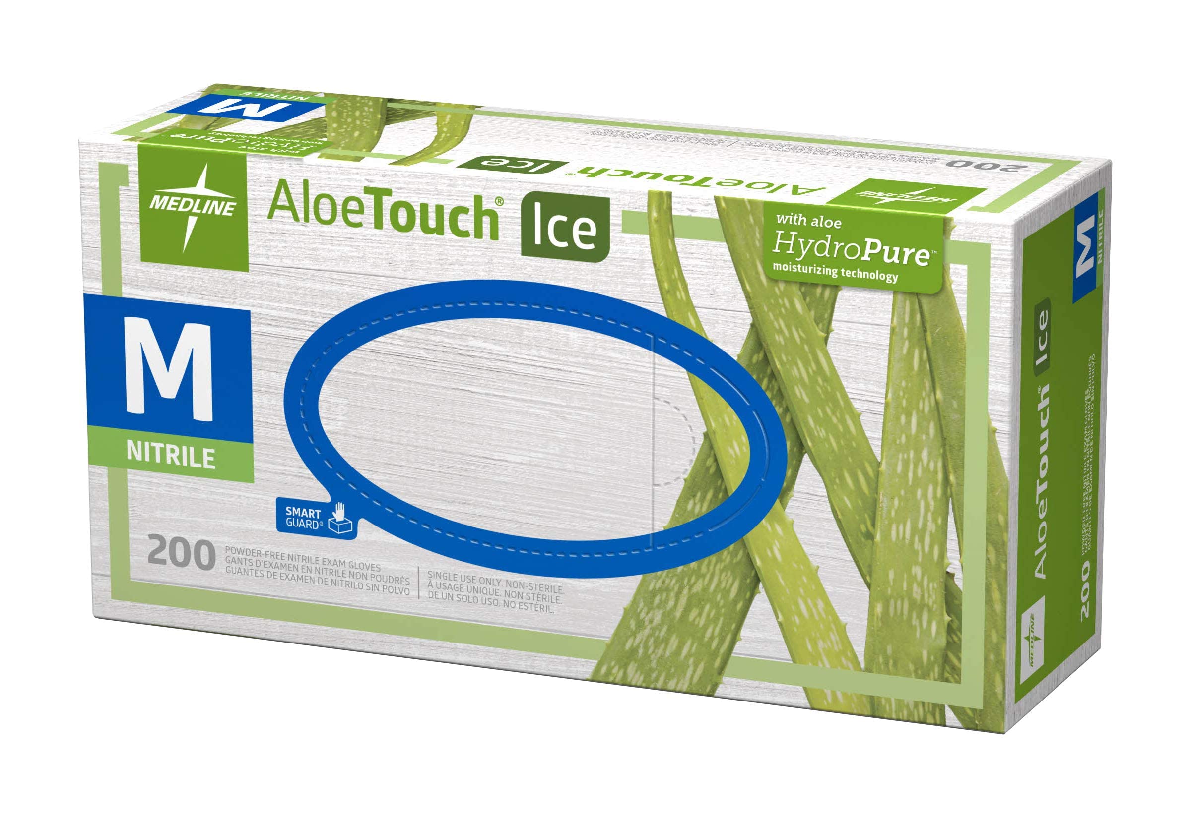 Medline Aloetouch Ice Powder-Free Latex-Free Nitrile Exam Gloves, Green, Medium, 200 Count