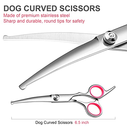 FAIGEO Dog Grooming Scissors Kit with Safety Round Tips Stainless Steel Professional Dog Grooming Shears Set - Thinning, Curved Scissors and Comb for Dog Cat Pet