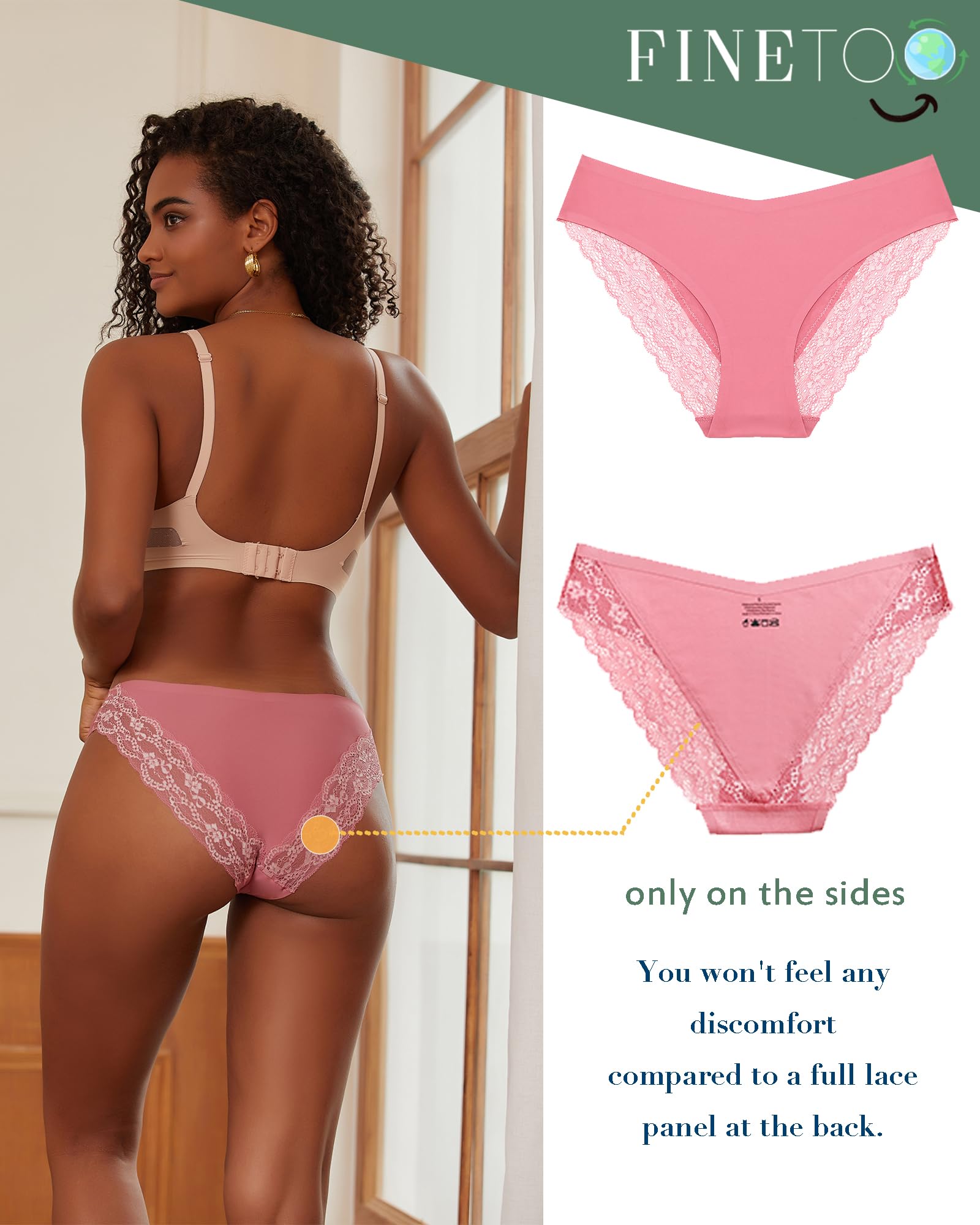 FINETOO Underwear for Women Lace Sexy Hipster V Cut No Show Bikini Panties Seamless Cheeky 5 Pack S-XL