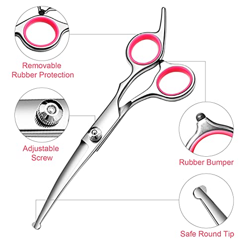 FAIGEO Dog Grooming Scissors Kit with Safety Round Tips Stainless Steel Professional Dog Grooming Shears Set - Thinning, Curved Scissors and Comb for Dog Cat Pet