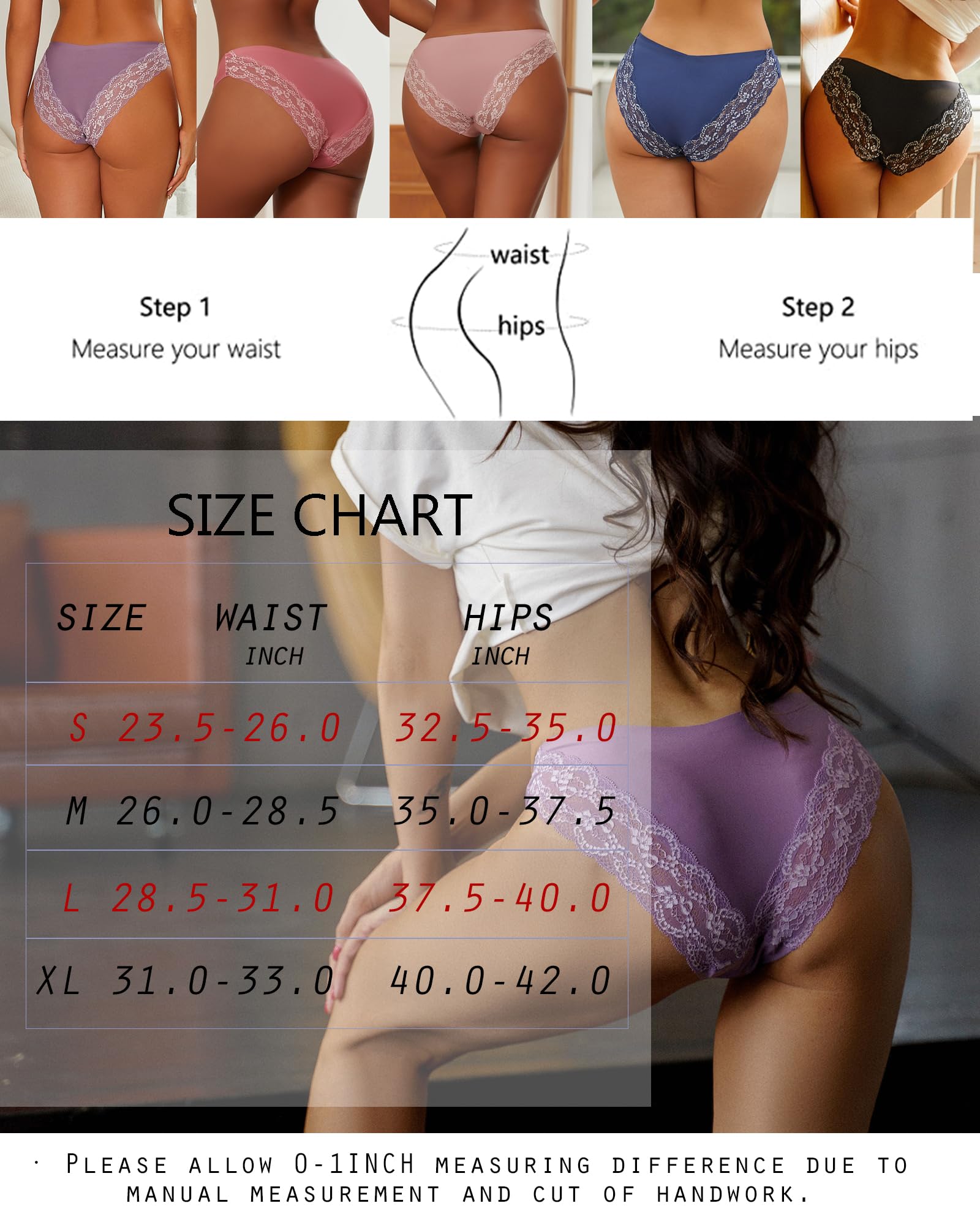 FINETOO Underwear for Women Lace Sexy Hipster V Cut No Show Bikini Panties Seamless Cheeky 5 Pack S-XL