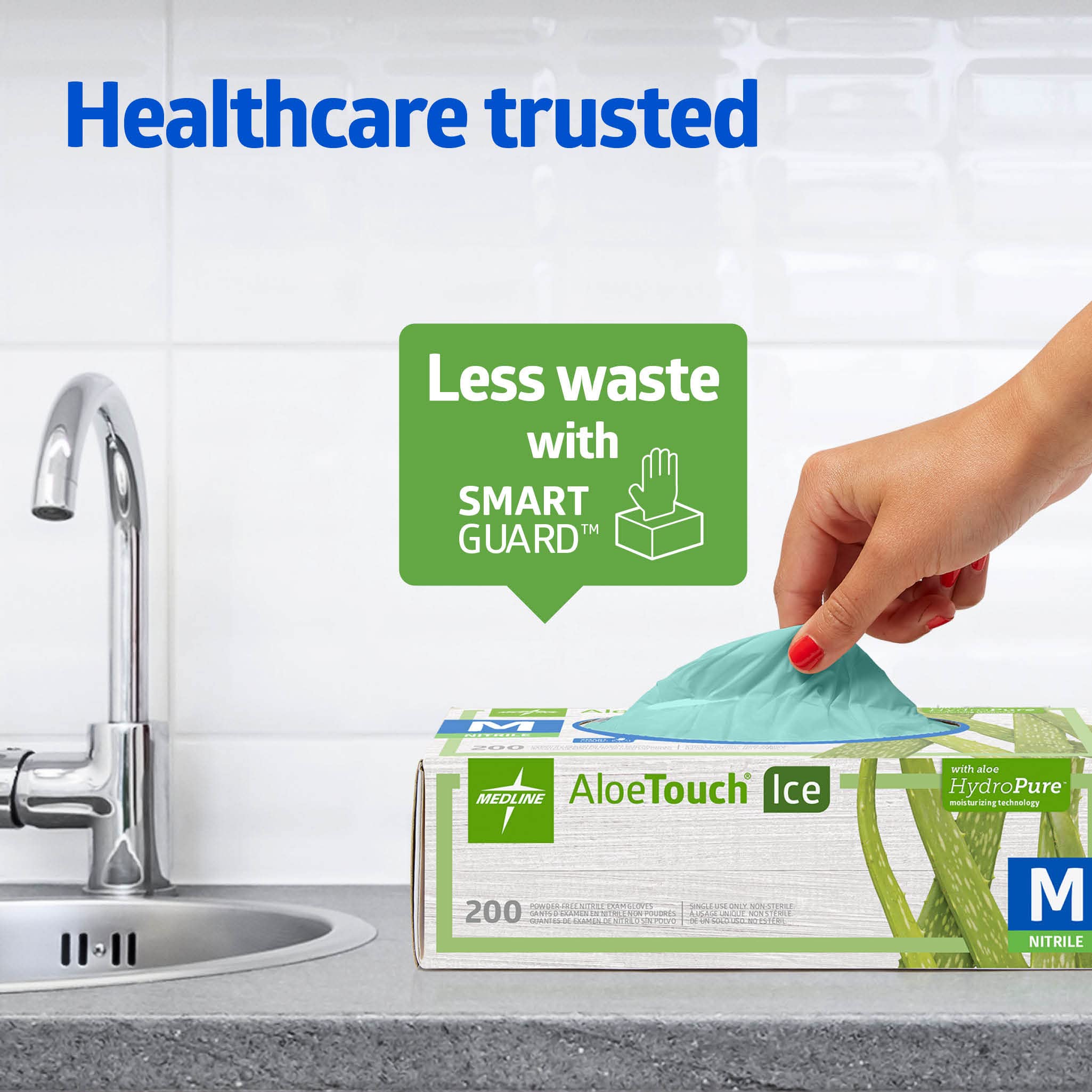 Medline Aloetouch Ice Powder-Free Latex-Free Nitrile Exam Gloves, Green, Medium, 200 Count