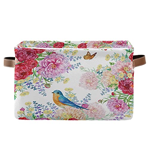 Colorful Flowers Floral Bird Storage Bin with Handle Foldable Canvas Storage Basket Box Cube Organizer for Bedroom Home Office Closet Shelve Clothes Toy,1PC