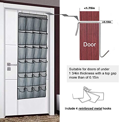 Over The Door Hanging Shoe Organizer 24 Extra Large Mesh Pockets Hanging Shoe Rack Holders for Closet Storage Men Sneakers,High Heeled Shoes,Double Stitching with 4 Metal Hooks,Gray 65.4"X23.6"