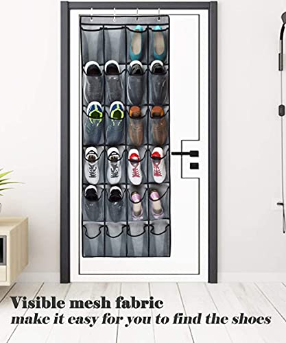 Over The Door Hanging Shoe Organizer 24 Extra Large Mesh Pockets Hanging Shoe Rack Holders for Closet Storage Men Sneakers,High Heeled Shoes,Double Stitching with 4 Metal Hooks,Gray 65.4"X23.6"