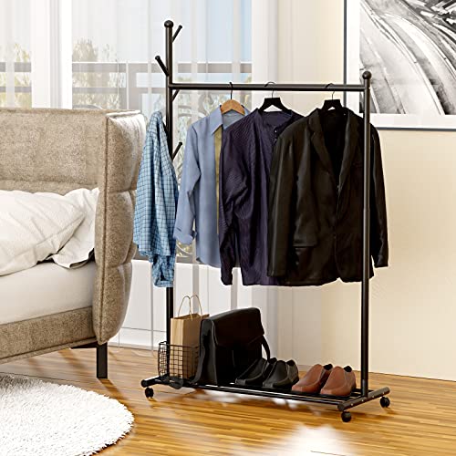 EKNITEY Clothes Garment Rack Portable - Rolling Clothing Organizer Rack on Wheels with Bottom Shelves (Black)