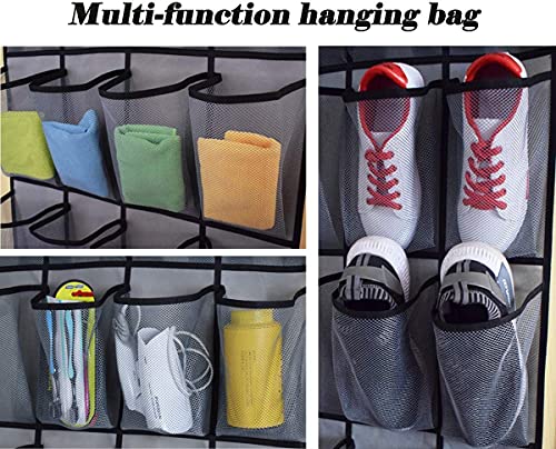 Over The Door Hanging Shoe Organizer 24 Extra Large Mesh Pockets Hanging Shoe Rack Holders for Closet Storage Men Sneakers,High Heeled Shoes,Double Stitching with 4 Metal Hooks,Gray 65.4"X23.6"