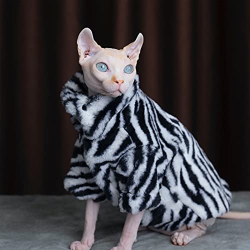 Sphynx Hairless Cat Clothes Winter Thick Warm Zebra Pattern High Collar Coat for Cats Soft Faux Fur Pet Clothes with Sleeves (Zebra, XL(8.8-11lbs))