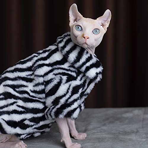 Sphynx Hairless Cat Clothes Winter Thick Warm Zebra Pattern High Collar Coat for Cats Soft Faux Fur Pet Clothes with Sleeves (Zebra, XL(8.8-11lbs))