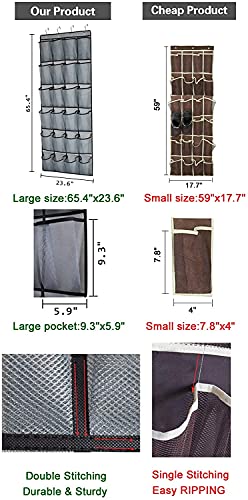 Over The Door Hanging Shoe Organizer 24 Extra Large Mesh Pockets Hanging Shoe Rack Holders for Closet Storage Men Sneakers,High Heeled Shoes,Double Stitching with 4 Metal Hooks,Gray 65.4"X23.6"
