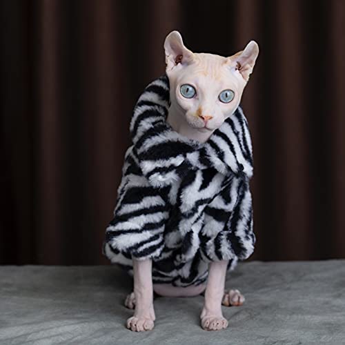 Sphynx Hairless Cat Clothes Winter Thick Warm Zebra Pattern High Collar Coat for Cats Soft Faux Fur Pet Clothes with Sleeves (Zebra, XL(8.8-11lbs))
