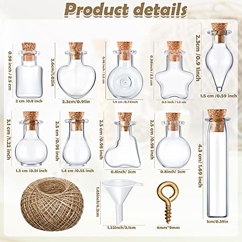 100 Pieces Small Mini Glass Bottles Jars with Cork Stopper Set Tiny Empty Refillable Wishing Bottles Drifting Bottles with Eye Screws Funnels and Rope for DIY Crafts Bead Containers, 10 Shapes