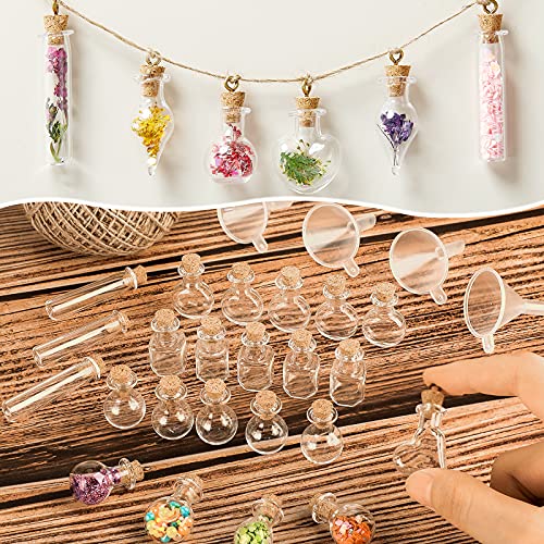 100 Pieces Small Mini Glass Bottles Jars with Cork Stopper Set Tiny Empty Refillable Wishing Bottles Drifting Bottles with Eye Screws Funnels and Rope for DIY Crafts Bead Containers, 10 Shapes