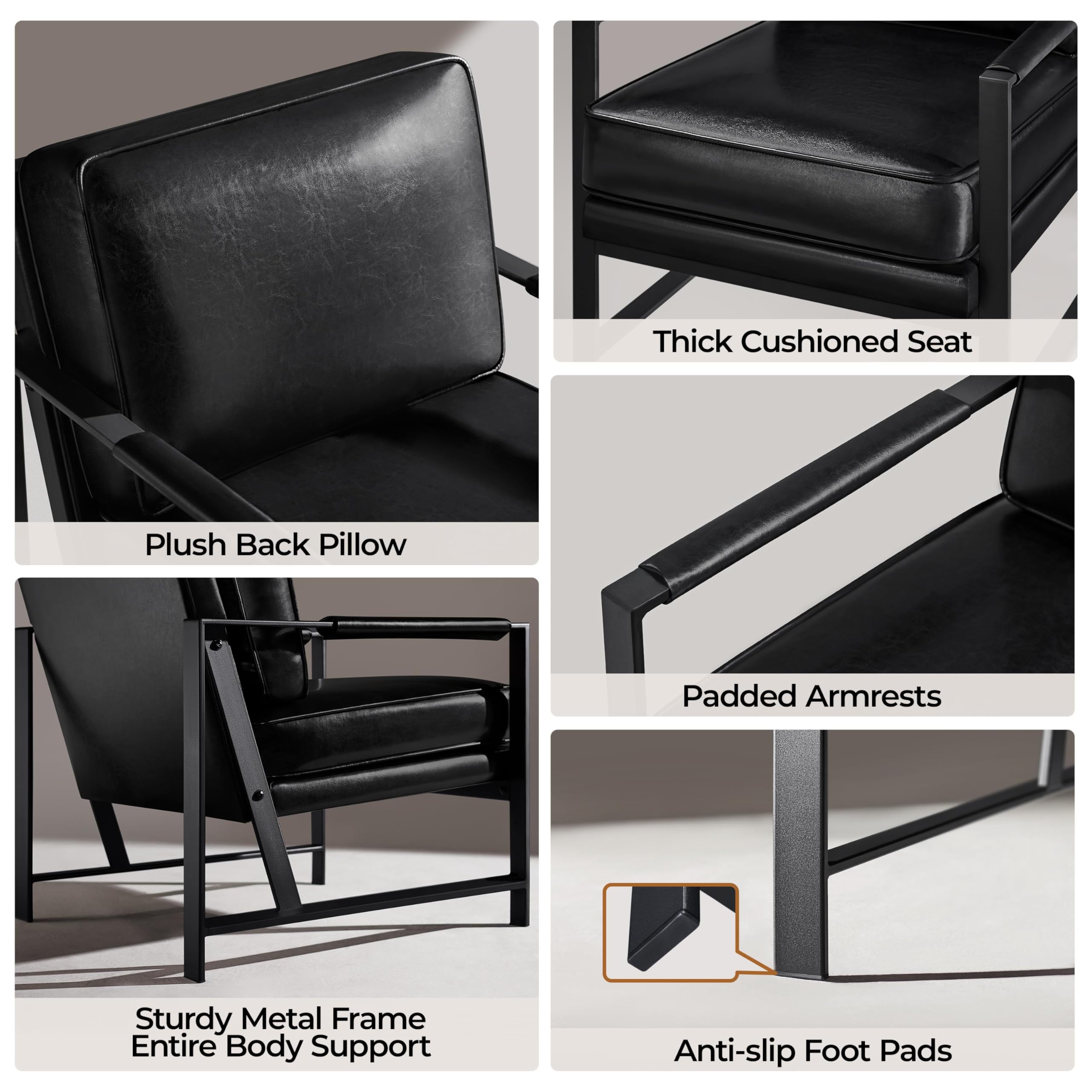 Yaheetech PU Leather Armchair, Retro Leisure Accent Chair with Extra Soft Padded and Cushion, Modern Reading Arm Chair with Black Metal Frame for Living Room/Office/Bedroom/Study Black