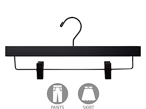 Wooden Bottom Hanger, 25 Pack Matte Black Solid Wood Pants Skirt Hanger with Black Adjustable Metal Clips