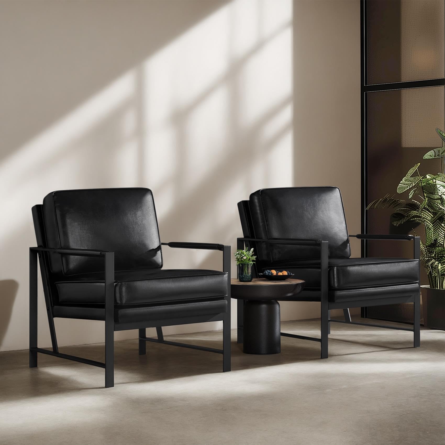 Yaheetech PU Leather Armchair, Retro Leisure Accent Chair with Extra Soft Padded and Cushion, Modern Reading Arm Chair with Black Metal Frame for Living Room/Office/Bedroom/Study Black