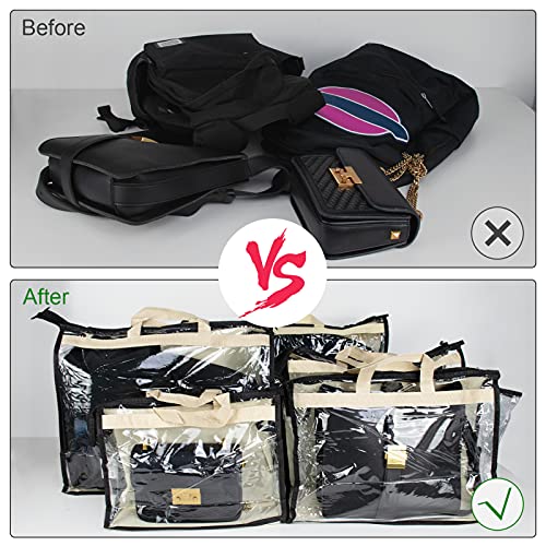 10Pcs Clear Handbag Storage Organizer Dust Cover Bags, LASZOLA 5 Sizes Transparent Purse Protector Storage Bag with Zipper and Handle for closet shelf - Dustproof & Moistureproof (Black+ Beige)