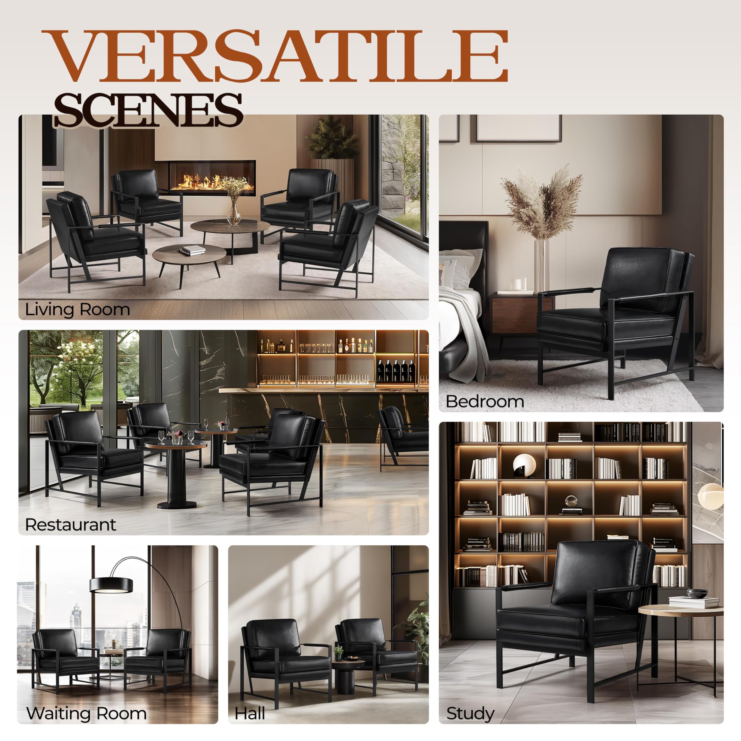 Yaheetech PU Leather Armchair, Retro Leisure Accent Chair with Extra Soft Padded and Cushion, Modern Reading Arm Chair with Black Metal Frame for Living Room/Office/Bedroom/Study Black