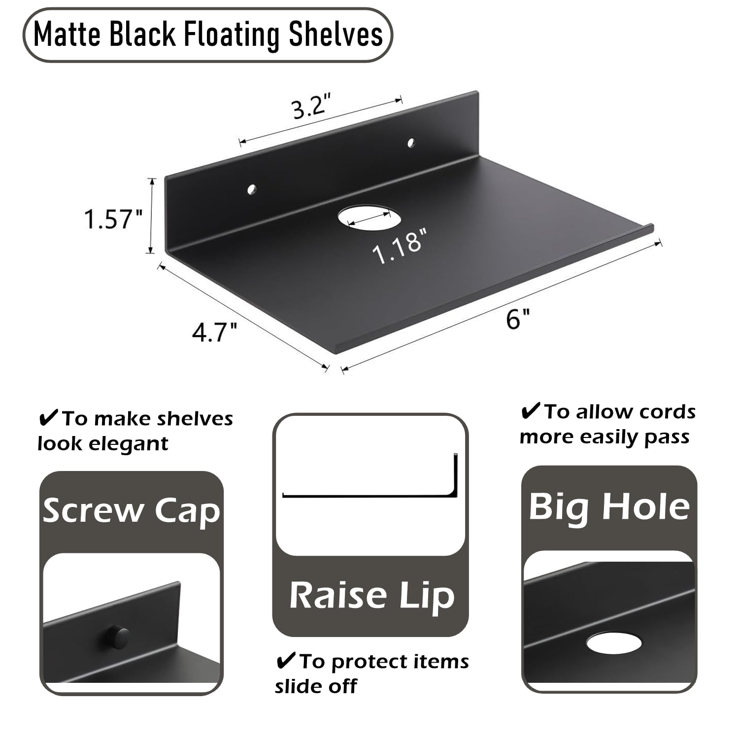 Z metnal Small Floating Shelves, Mini Speaker Shelf, Self Adhesive Small Wall Mount Metal Shelves with Cable Clip, Display Shelf for Cameras Monitor Routers, Matt Black, 6 inch