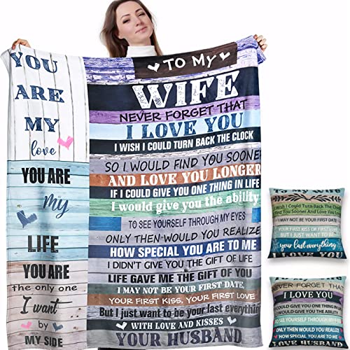 Tapesb to My Wife Blanket Anniversary Romantic Gifts for Wife Birthday Gift from Husband for Wives Throw Blanket with Pillow Covers Valentine Day Blanket Gifts