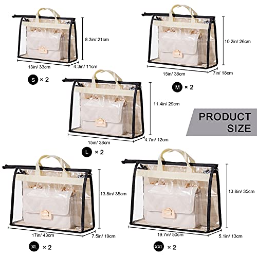 10Pcs Clear Handbag Storage Organizer Dust Cover Bags, LASZOLA 5 Sizes Transparent Purse Protector Storage Bag with Zipper and Handle for closet shelf - Dustproof & Moistureproof (Black+ Beige)