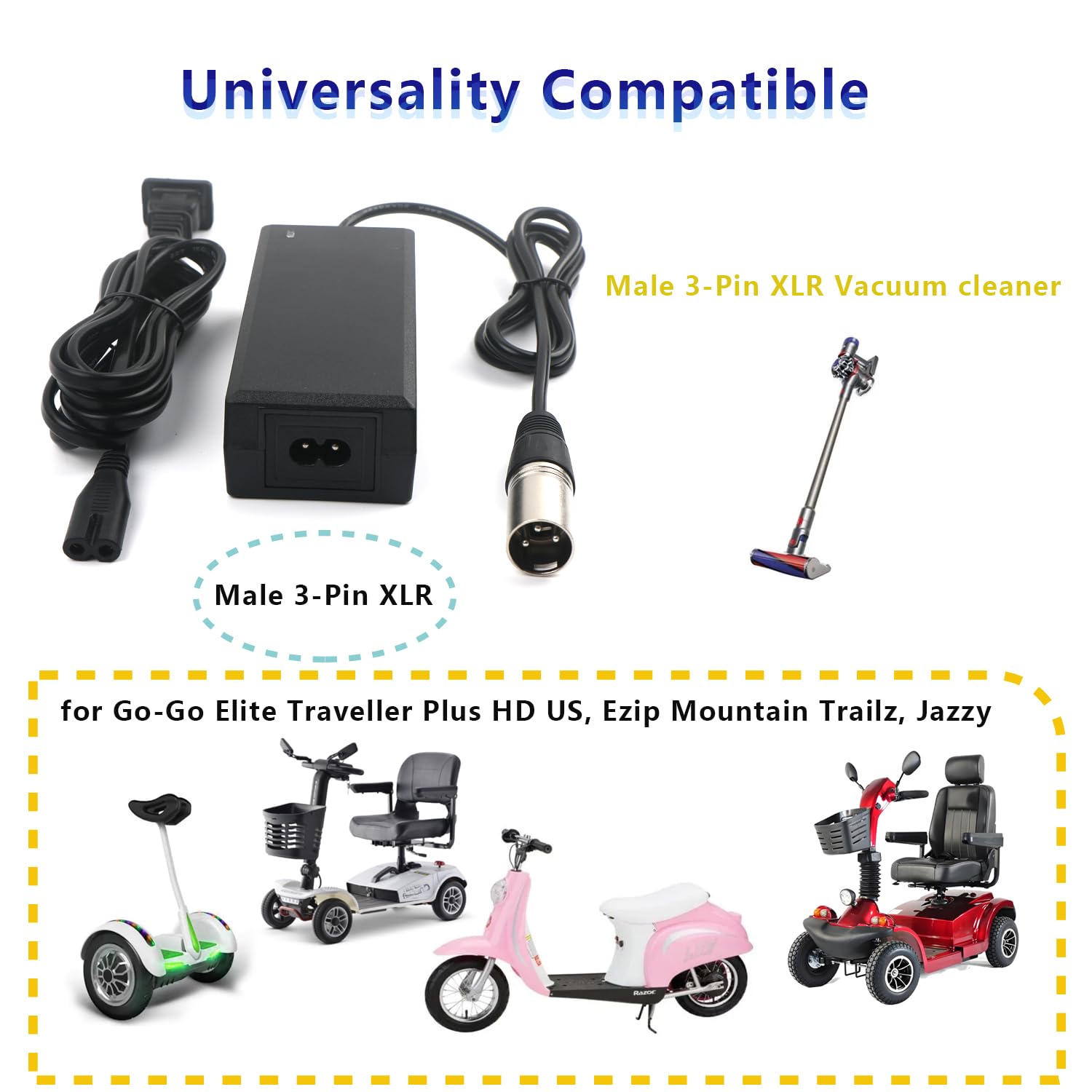UAUSE 24V2A 3 pin XLR Electric Scooter Battery Charger Replacement for Drive Scout Mobility Razor Go Go Elite Traveller SC40E/SC44E, Ezip Mountain Trailz, Jazzy Electric Power Charger