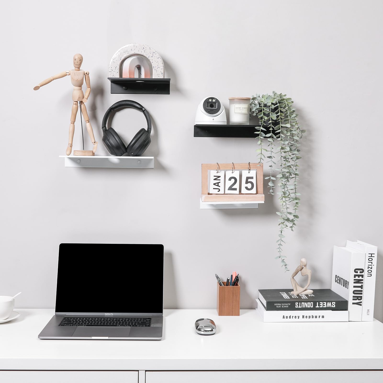 Z metnal Small Floating Shelves, Mini Speaker Shelf, Self Adhesive Small Wall Mount Metal Shelves with Cable Clip, Display Shelf for Cameras Monitor Routers, Matt Black, 6 inch