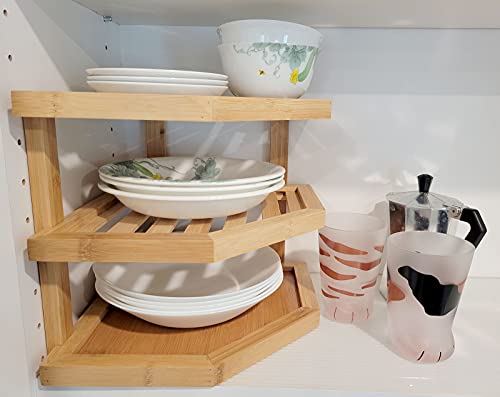 Bam & Boo - Natural Bamboo 3-Tiers Corner Shelf Organizer - Storage Rack for Kitchen Countertop, Cabinet & Pantry