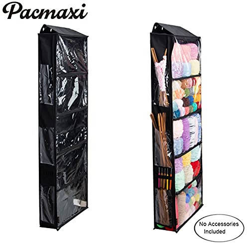 5 Compartments Hanging Yarn Knitting Storage Organizer with Zipper Closure, Yarn Over Door Display Holder with 6 Clear Pockets On Side for Knitting Needles, Crochet Hooks (L Size, Black)