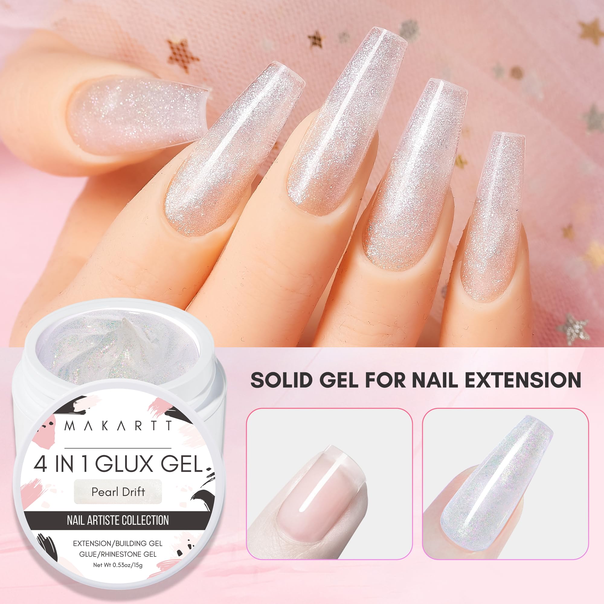 Makartt Solid Gel Builder: 15ML Non-sticky to Hands, White Shimmers Color for Extension 3d Sculpting Nail Art, Hard Gels Molding for Nails UV/LED Lamp Required Pearl Drift