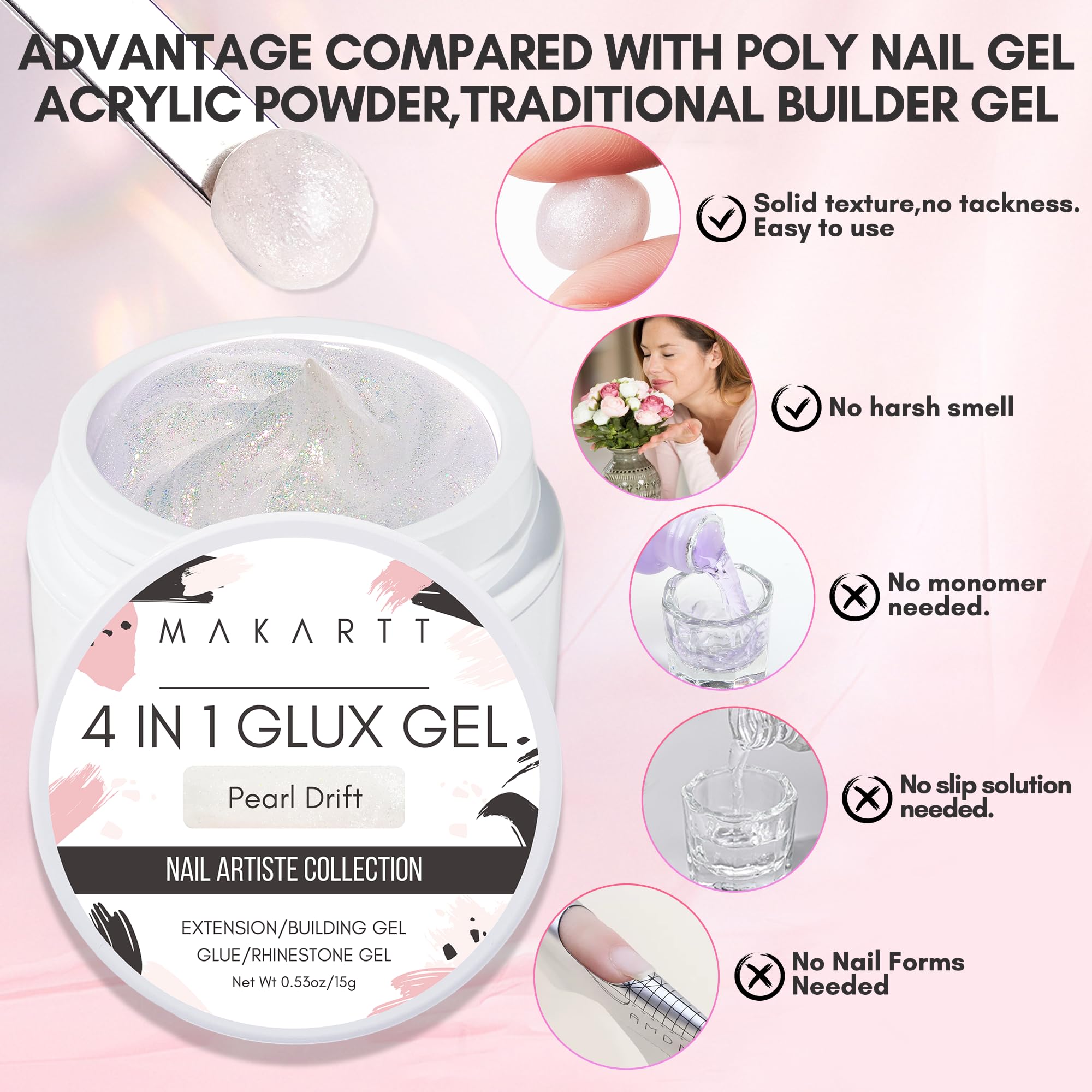 Makartt Solid Gel Builder: 15ML Non-sticky to Hands, White Shimmers Color for Extension 3d Sculpting Nail Art, Hard Gels Molding for Nails UV/LED Lamp Required Pearl Drift