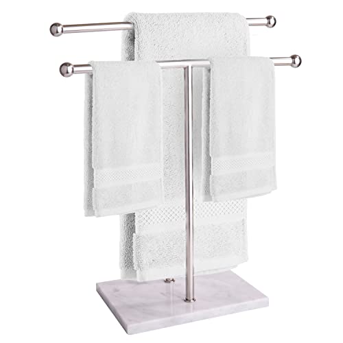 Homeries Marble Hand Towel Holder - Stainless Steel Towel Stand with Round Marble Base - Double T-Shape Hand Towel Valet for Bathroom, Vanity Top Towel Stand, Counter Towel Bar, Jewelry Rack